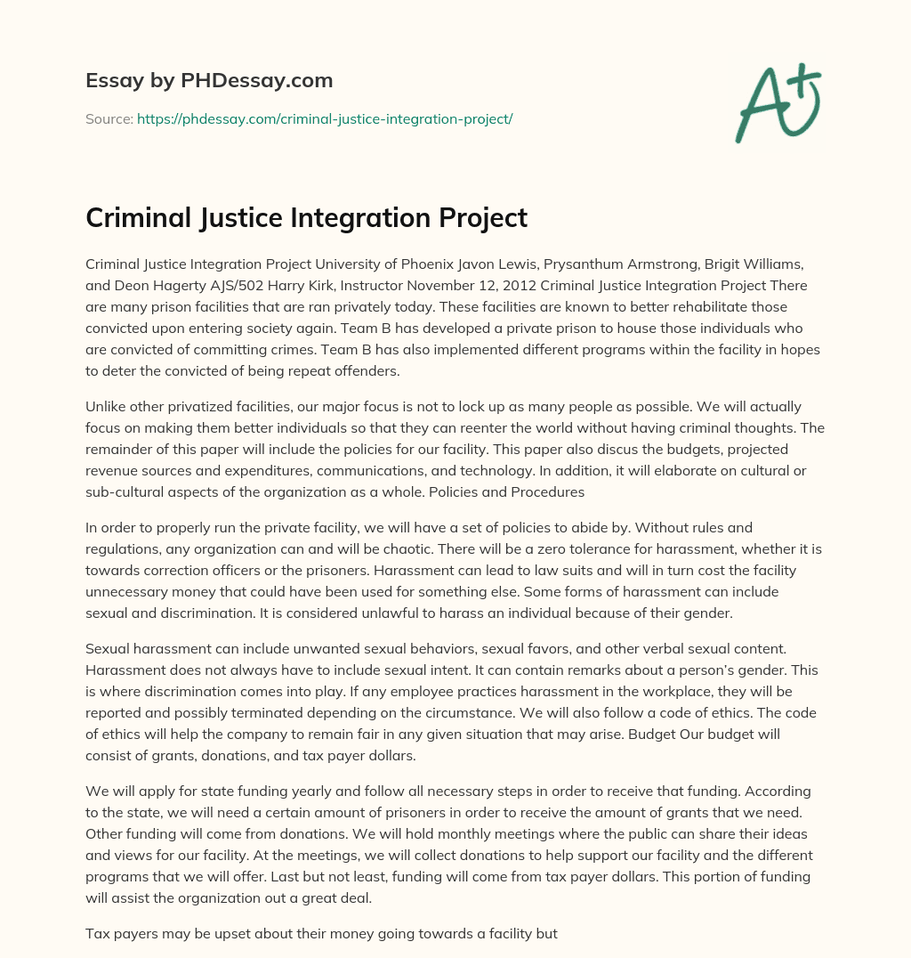 Criminal Justice Integration Project - PHDessay.com