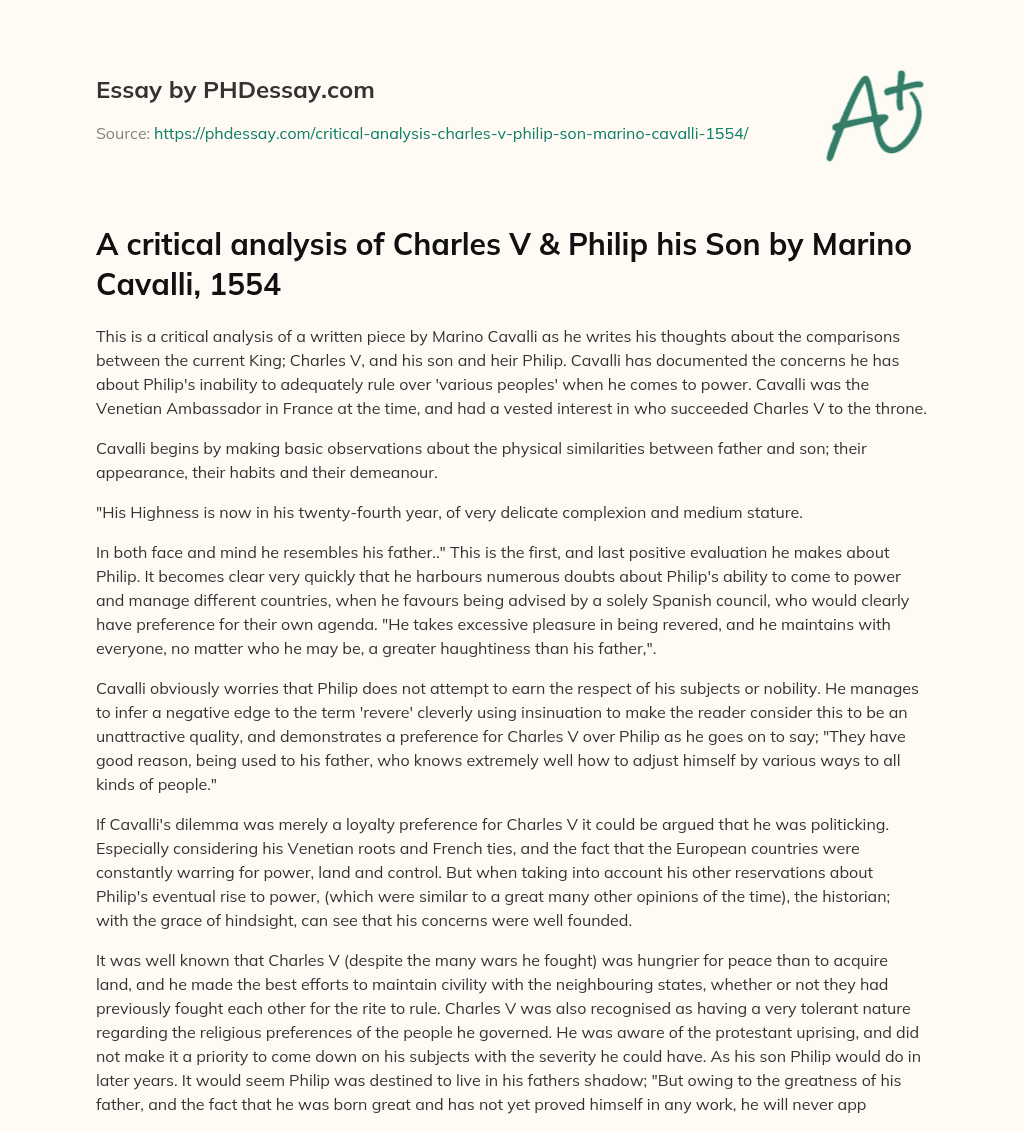 A critical analysis of Charles V & Philip his Son by Marino Cavalli ...