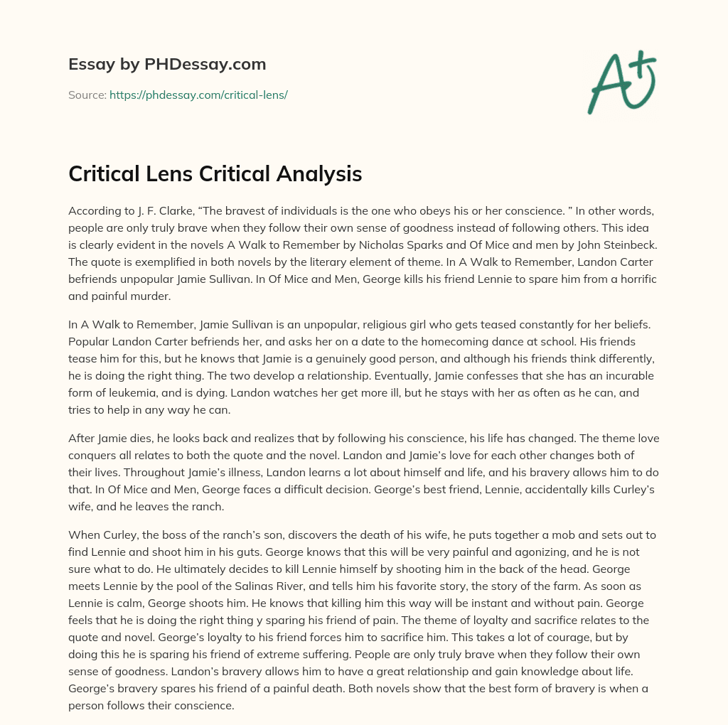 Critical Lens Critical Analysis Essay Example (500 Words) - PHDessay.com
