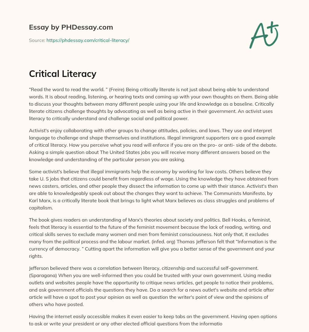 Critical Literacy Essay Example 600 Words PHDessay