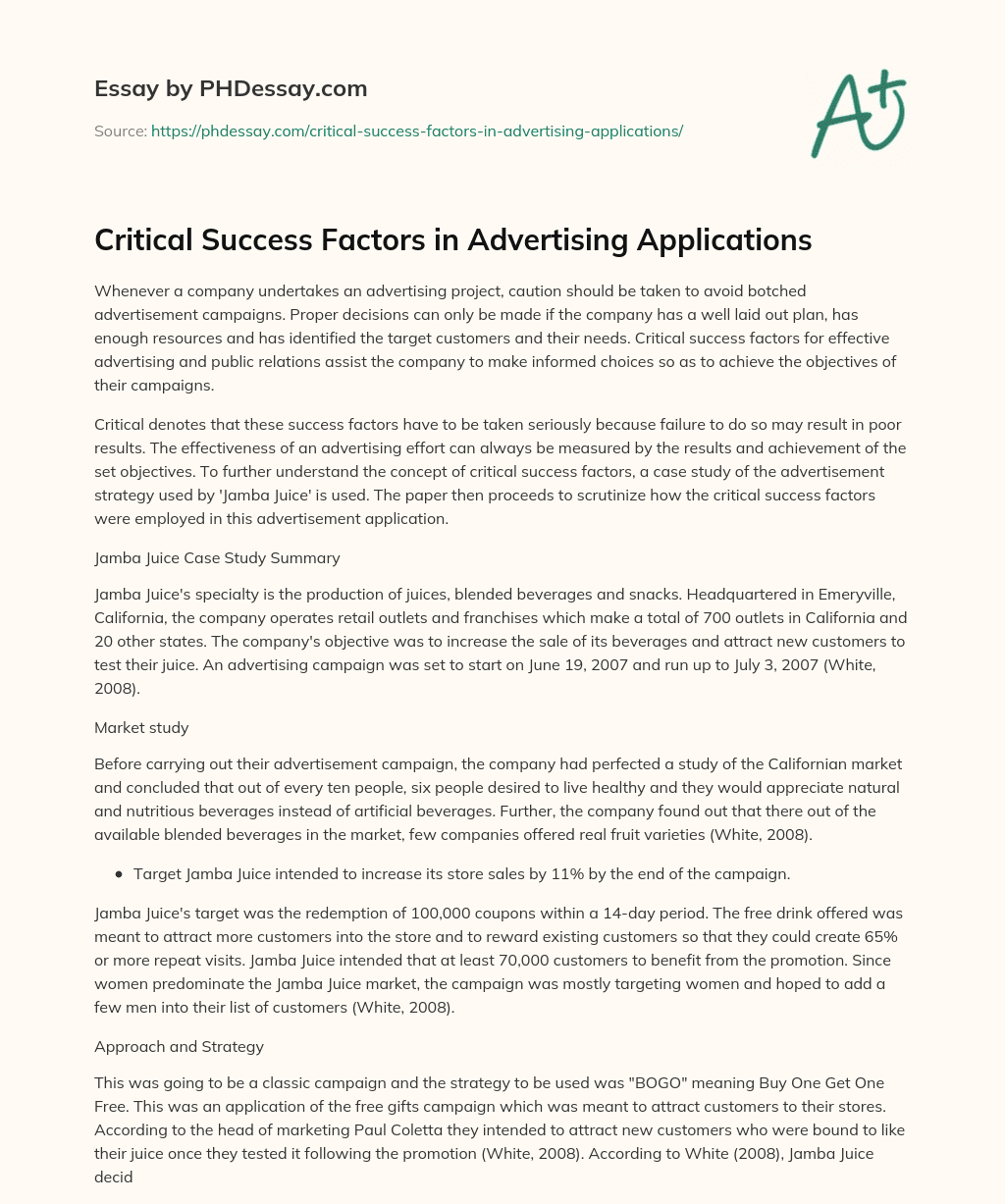 Critical Success Factors in Advertising Applications (600 Words ...