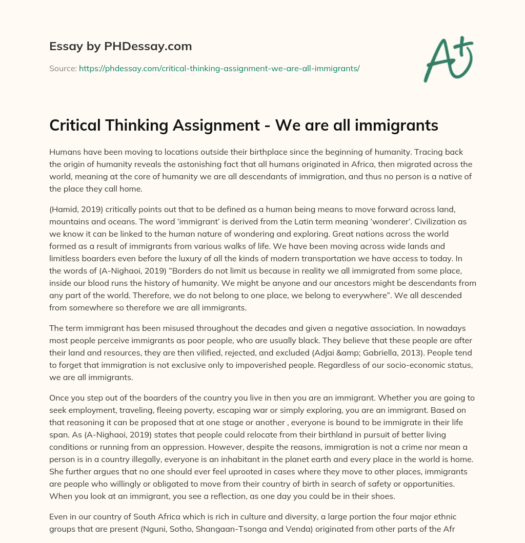 Critical Thinking Assignment - We Are All Immigrants Essay Example (600 ...
