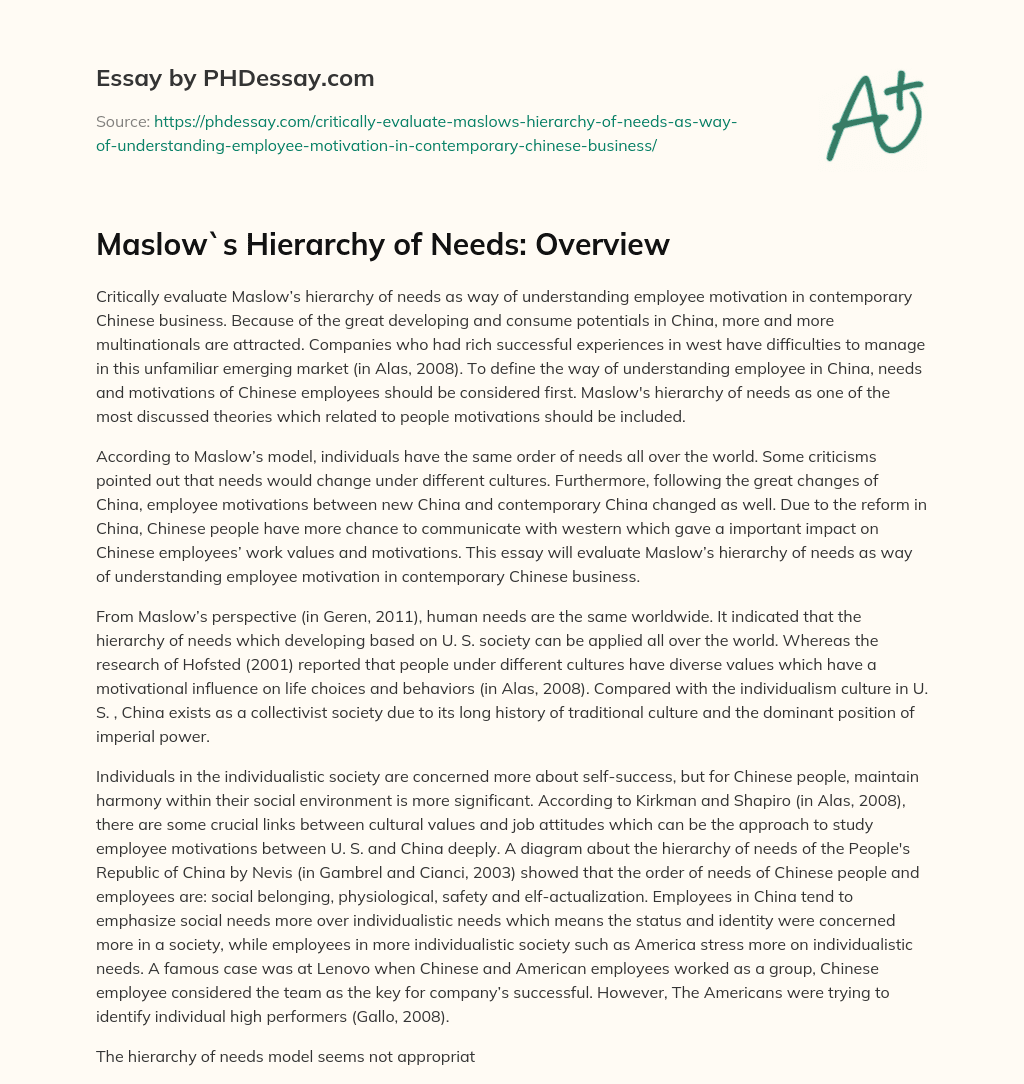 Maslow`s Hierarchy of Needs: Overview - PHDessay.com