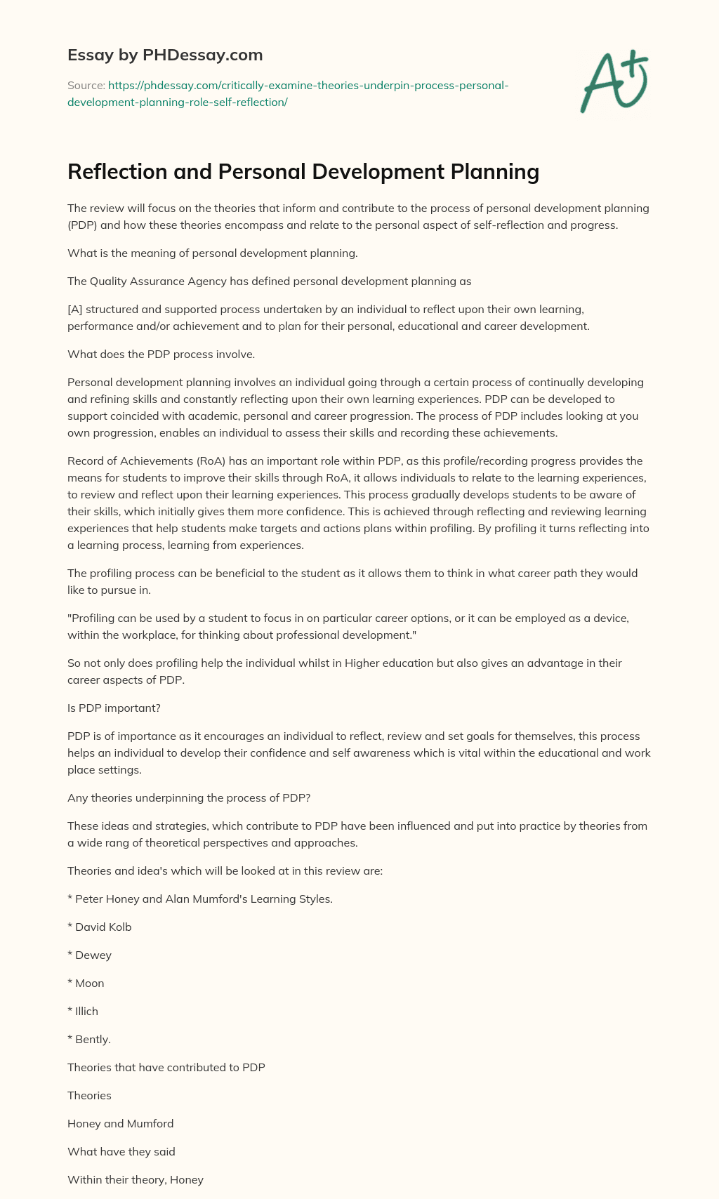 Reflection and Personal Development Planning - PHDessay.com