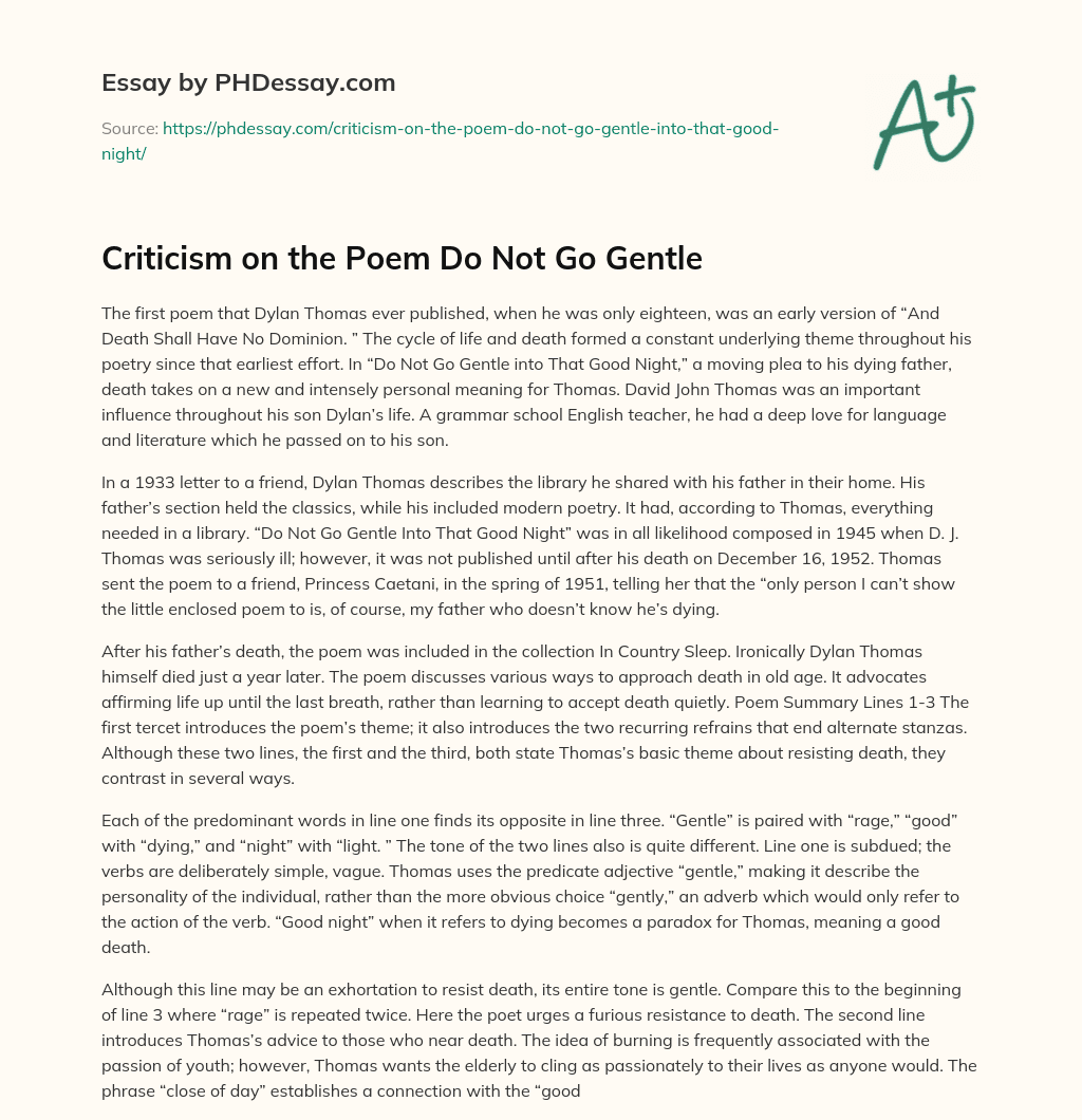 Criticism on the Poem Do Not Go Gentle - PHDessay.com