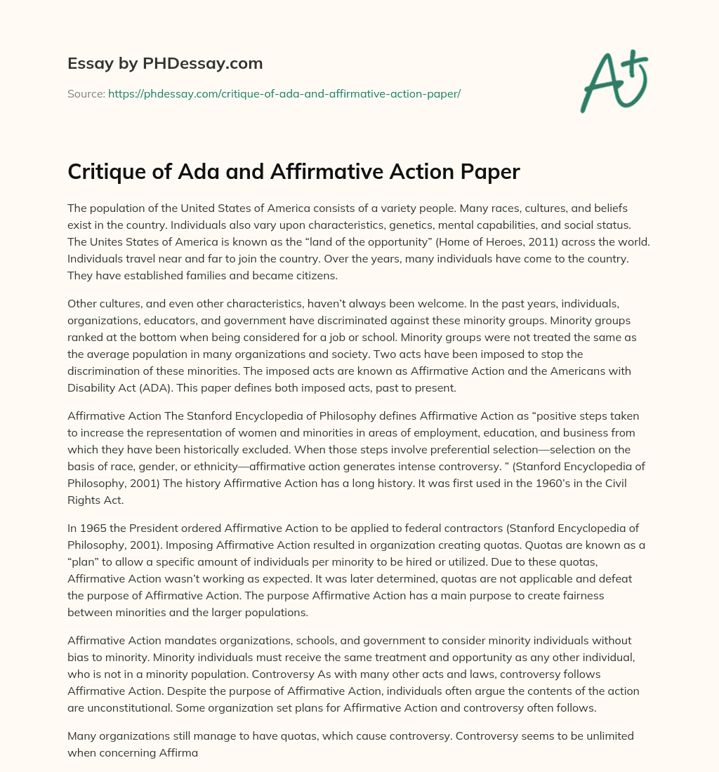 Critique of Ada and Affirmative Action Paper - PHDessay.com