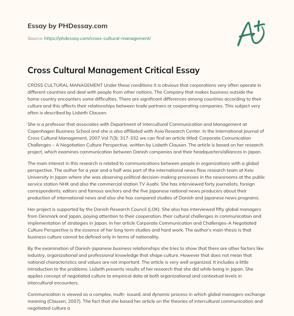 Cross Cultural Management Critical Essay - PHDessay.com