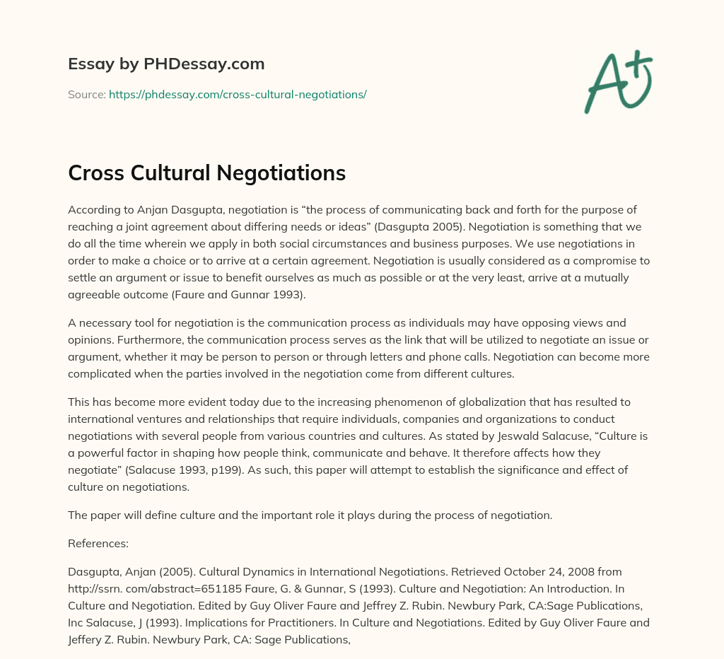 Cross Cultural Negotiations (300 Words) - PHDessay.com