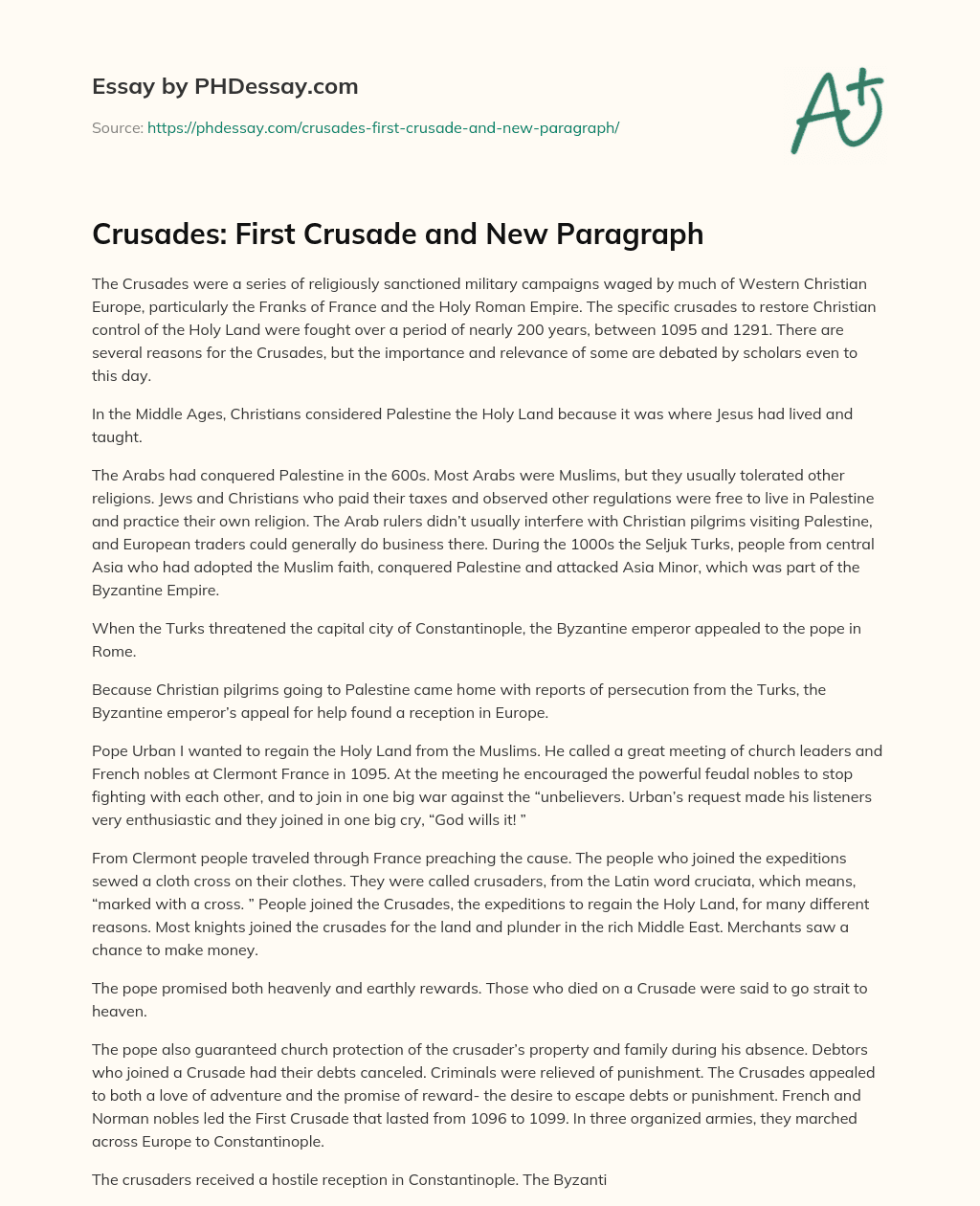 Crusades: First Crusade and New Paragraph - PHDessay.com