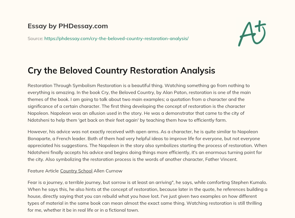 Cry the Beloved Country Restoration Analysis - PHDessay.com