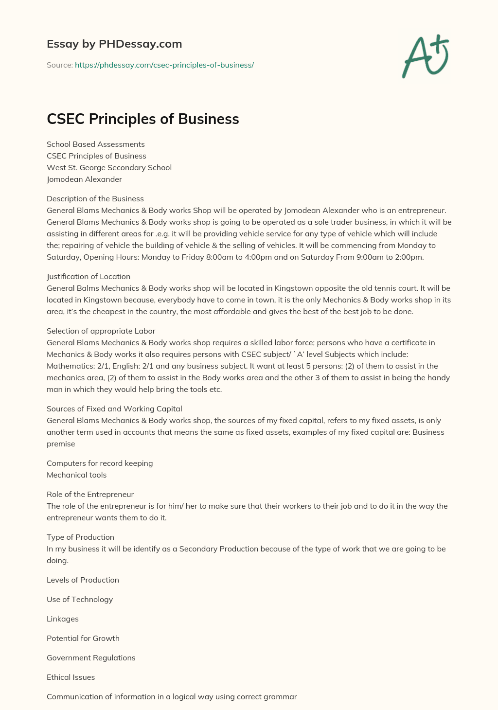 CSEC Principles of Business (400 Words) - PHDessay.com