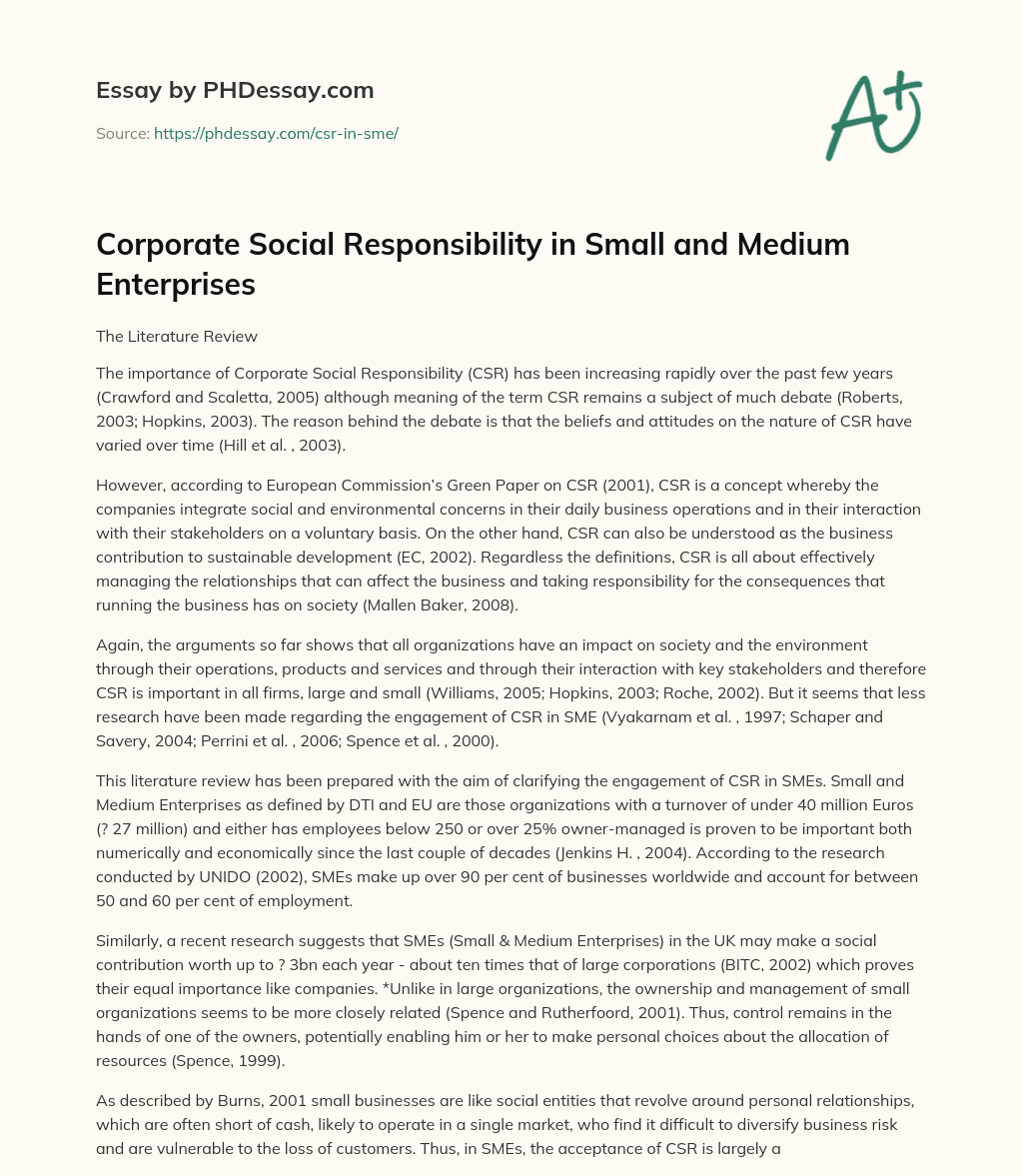 Corporate Social Responsibility In Small And Medium Enterprises Essay ...
