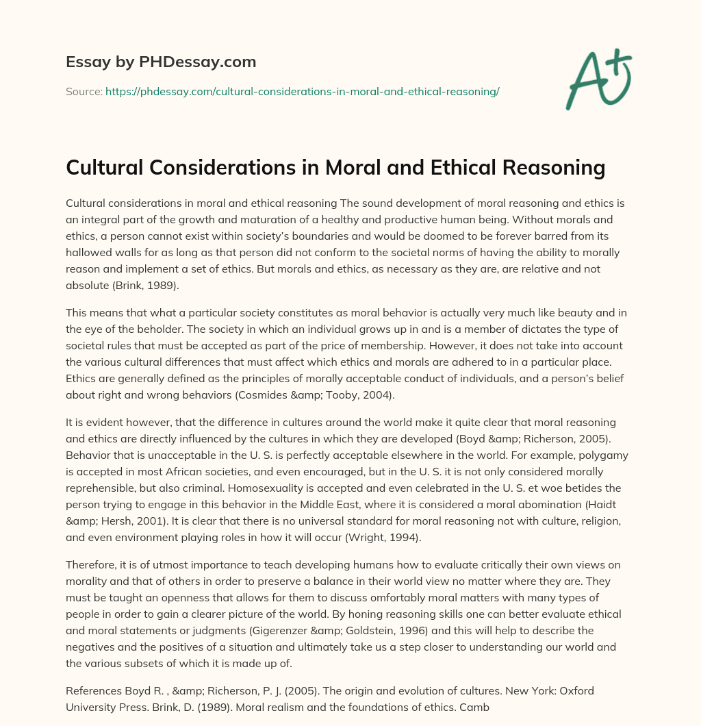 Cultural Considerations in Moral and Ethical Reasoning (600 Words ...