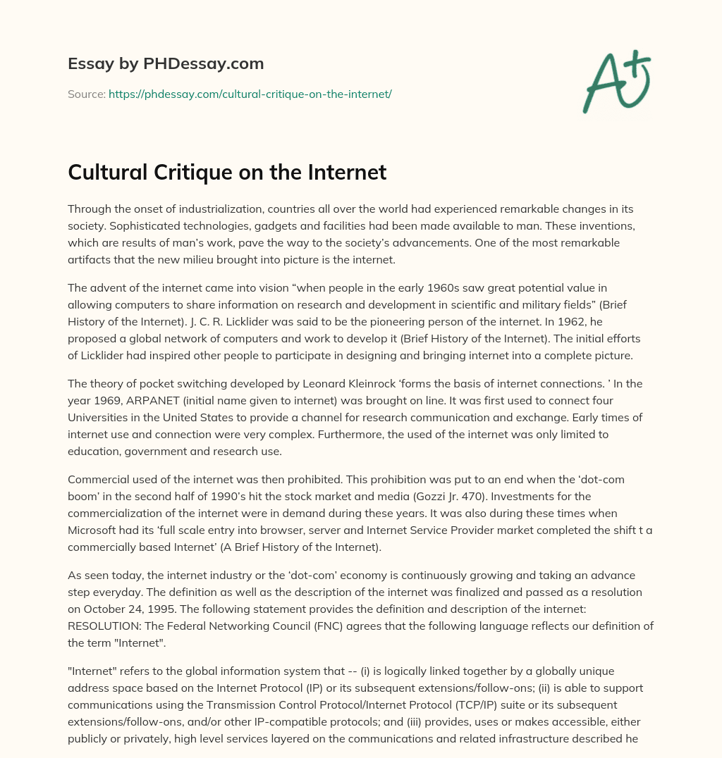 Cultural Critique On The Internet Essay Example - PHDessay.com