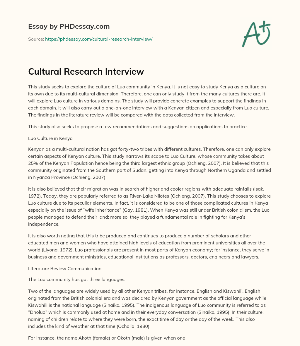 Cultural Research Interview - PHDessay.com