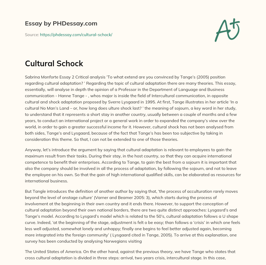 Cultural Schock - PHDessay.com