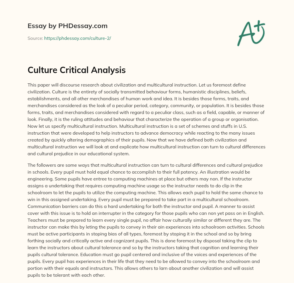 Culture Critical Analysis - PHDessay.com
