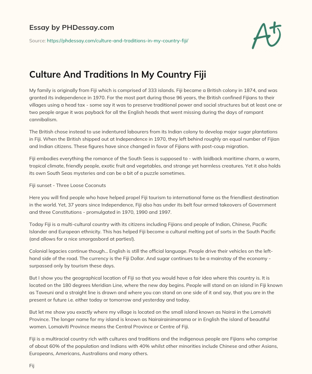 Culture And Traditions In My Country Fiji - PHDessay.com