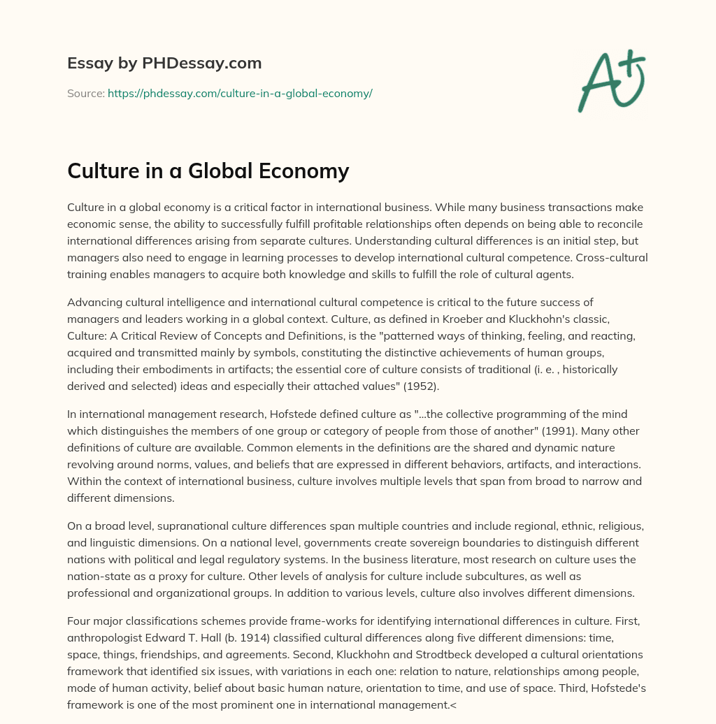 Culture in a Global Economy - PHDessay.com