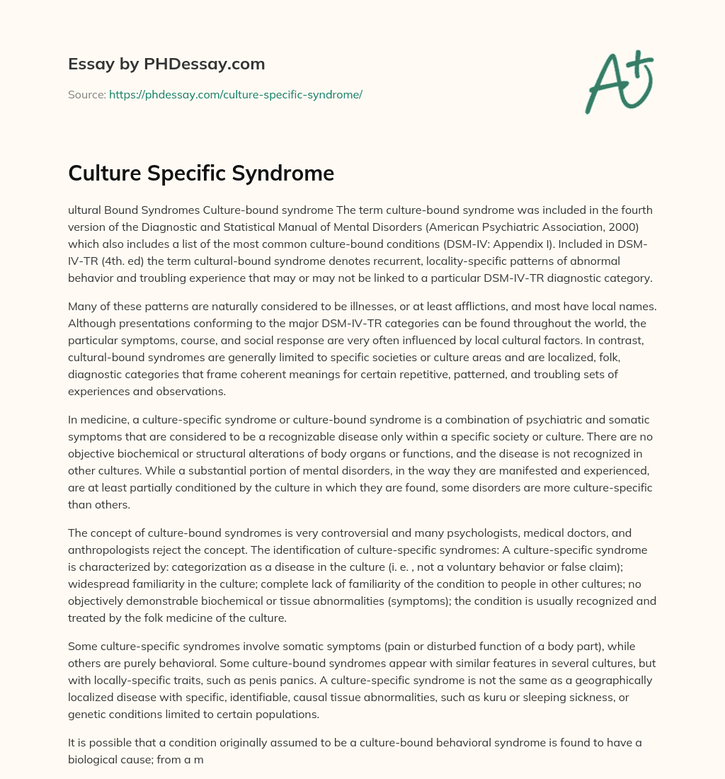 Culture Specific Syndrome - PHDessay.com