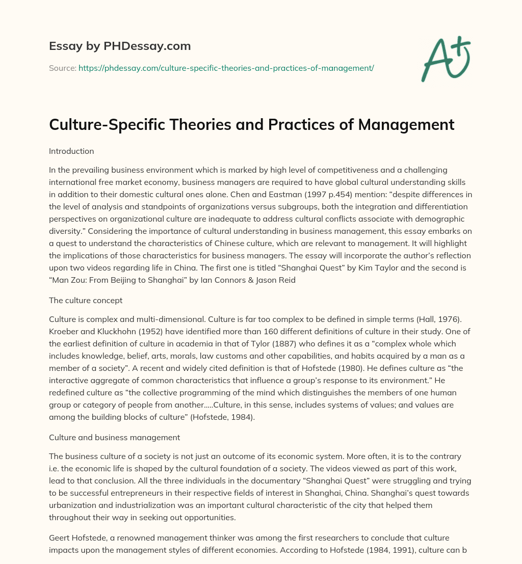 Culture-Specific Theories and Practices of Management - PHDessay.com