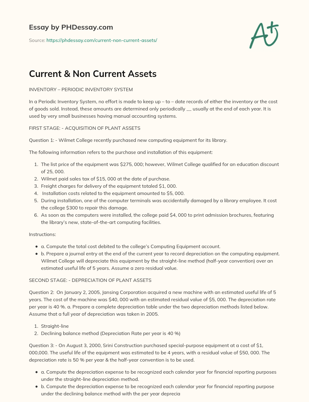 Current & Non Current Assets - PHDessay.com