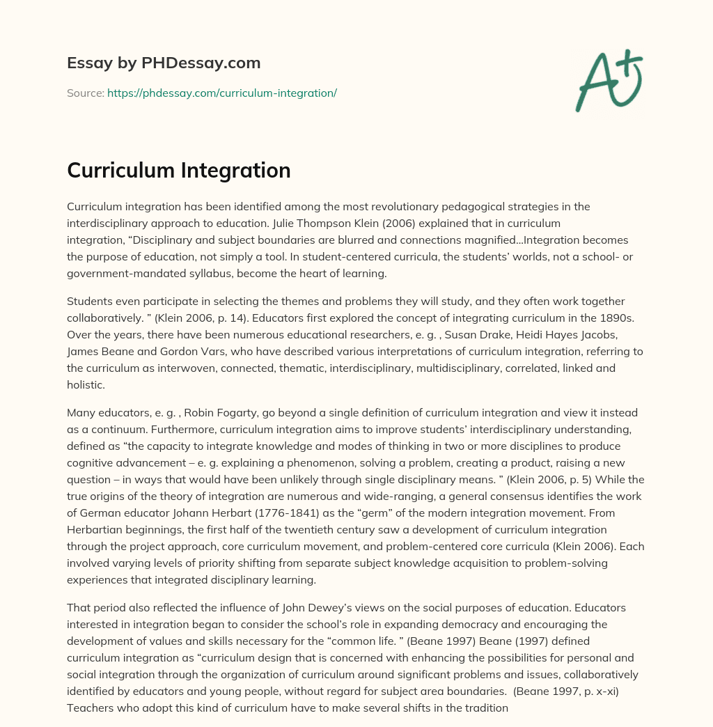 Curriculum Integration - PHDessay.com