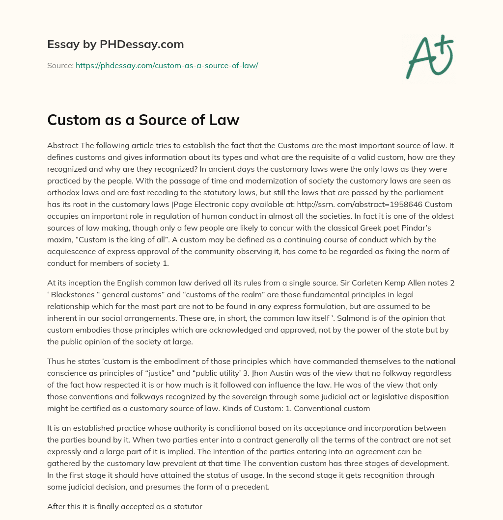 Custom as a Source of Law - PHDessay.com