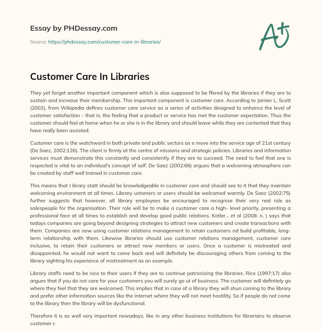 Customer Care In Libraries - PHDessay.com
