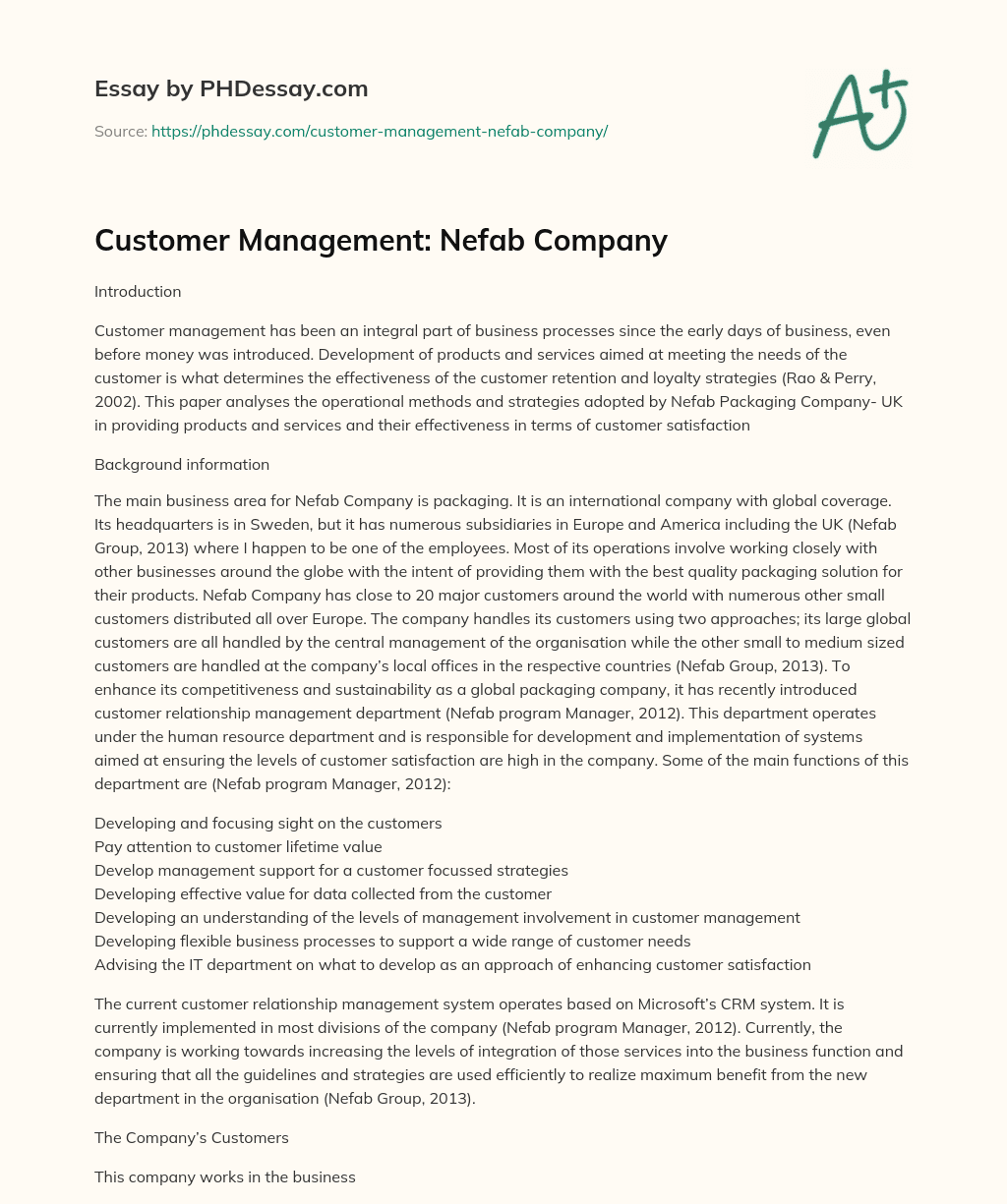 Customer Management: Nefab Company - PHDessay.com