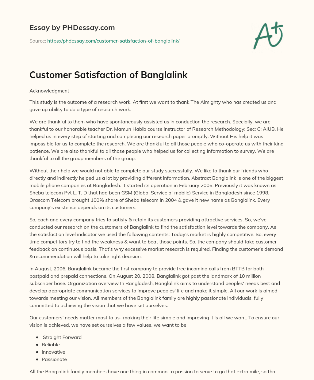 Customer Satisfaction of Banglalink - PHDessay.com