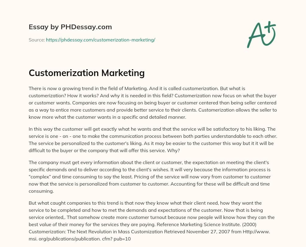 Customerization Marketing (300 Words) - PHDessay.com