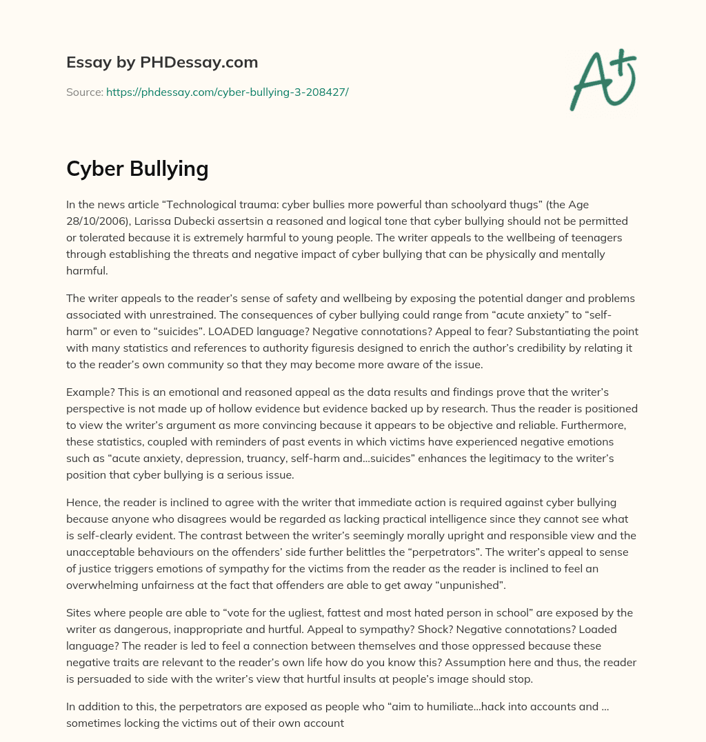 Cyber Bullying - PHDessay.com