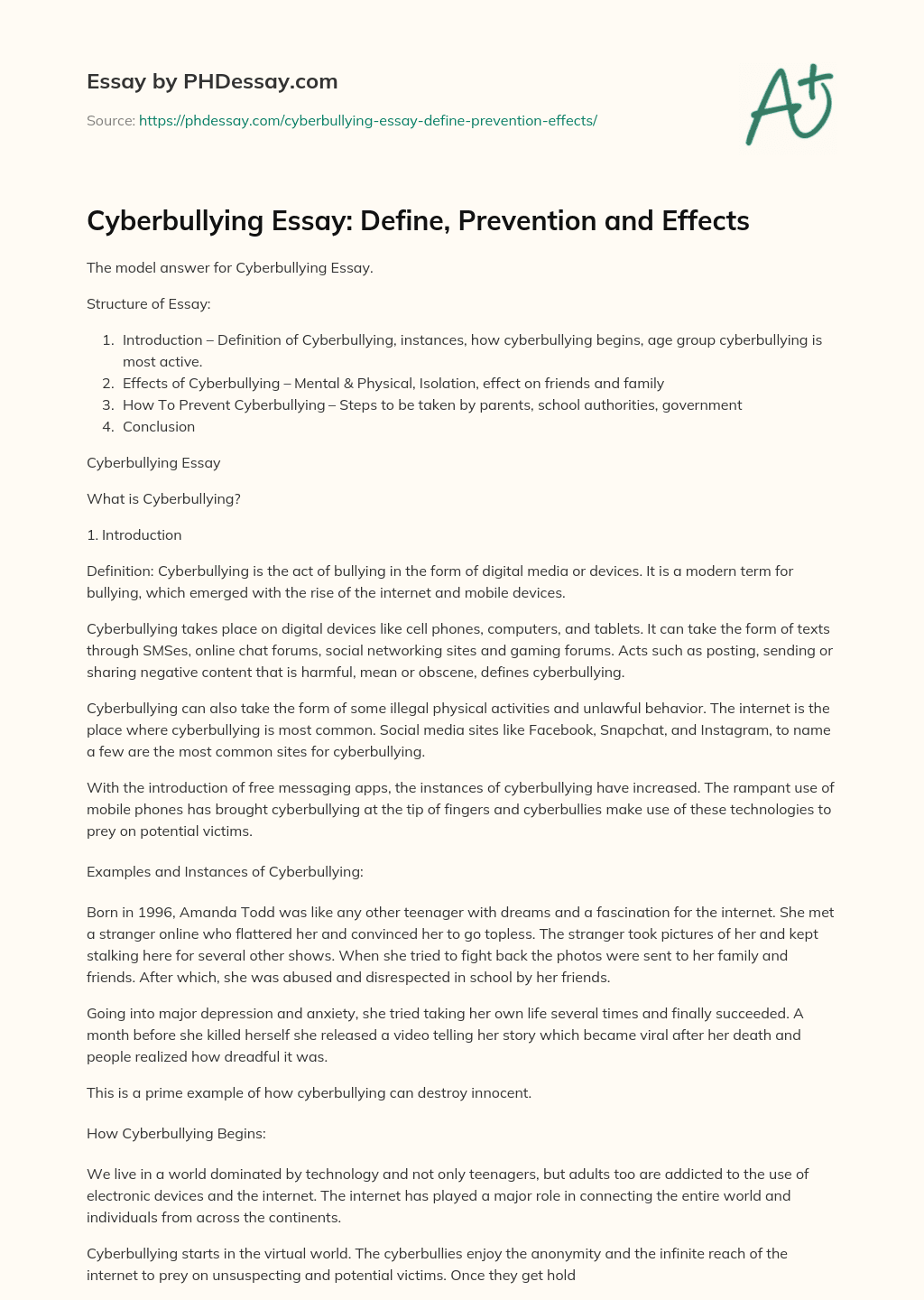 Cyberbullying Essay: Define, Prevention and Effects - PHDessay.com