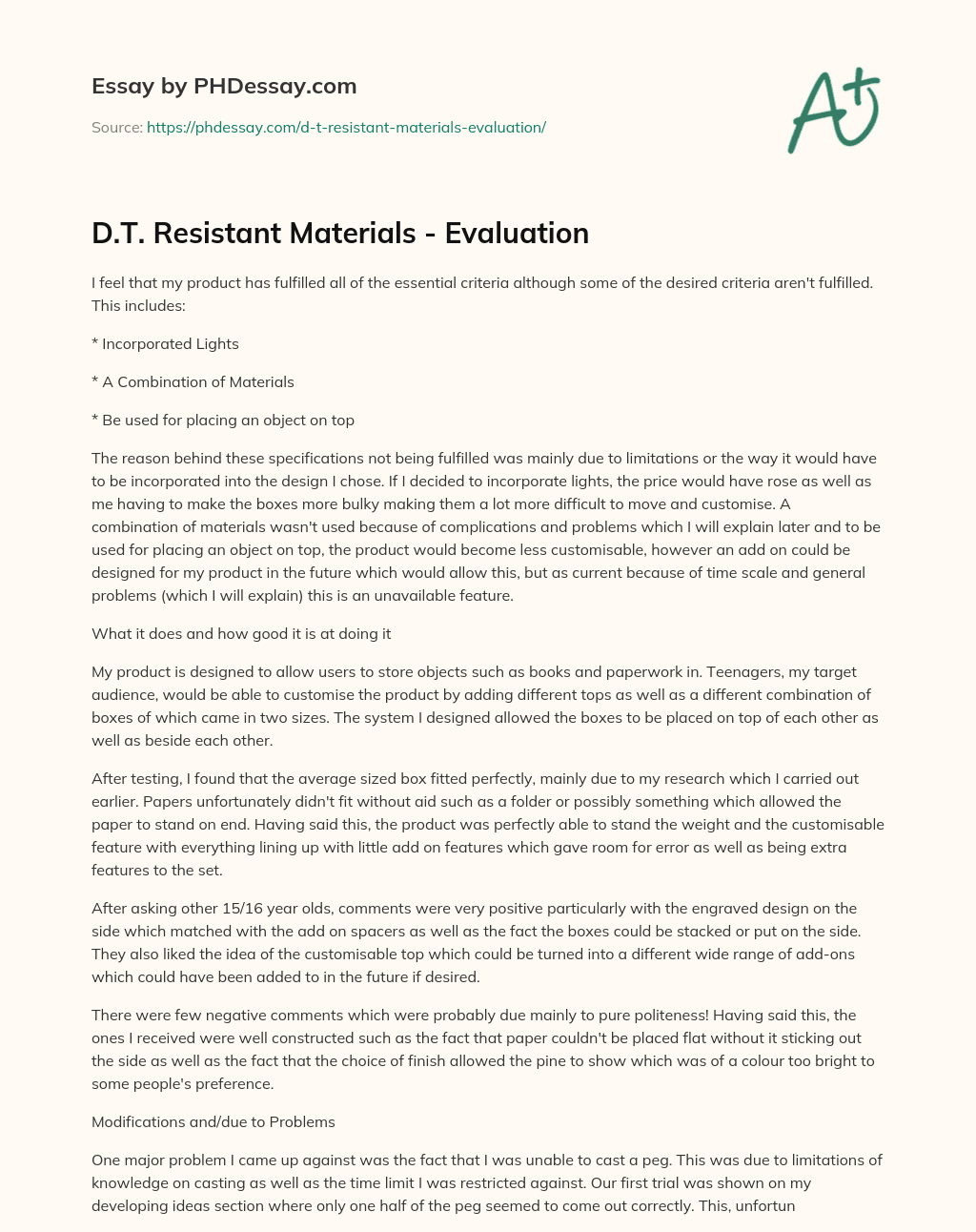 D.T. Resistant Materials - Evaluation - PHDessay.com
