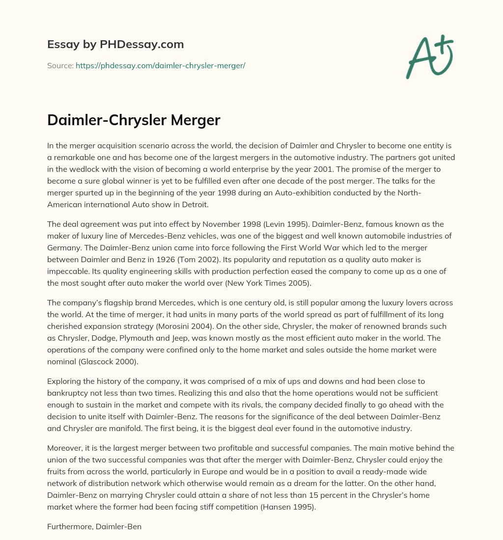 Daimler-Chrysler Merger - PHDessay.com