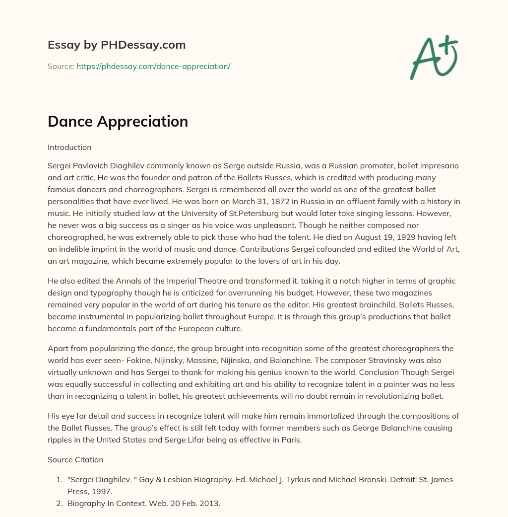 Dance Appreciation (400 Words) - PHDessay.com