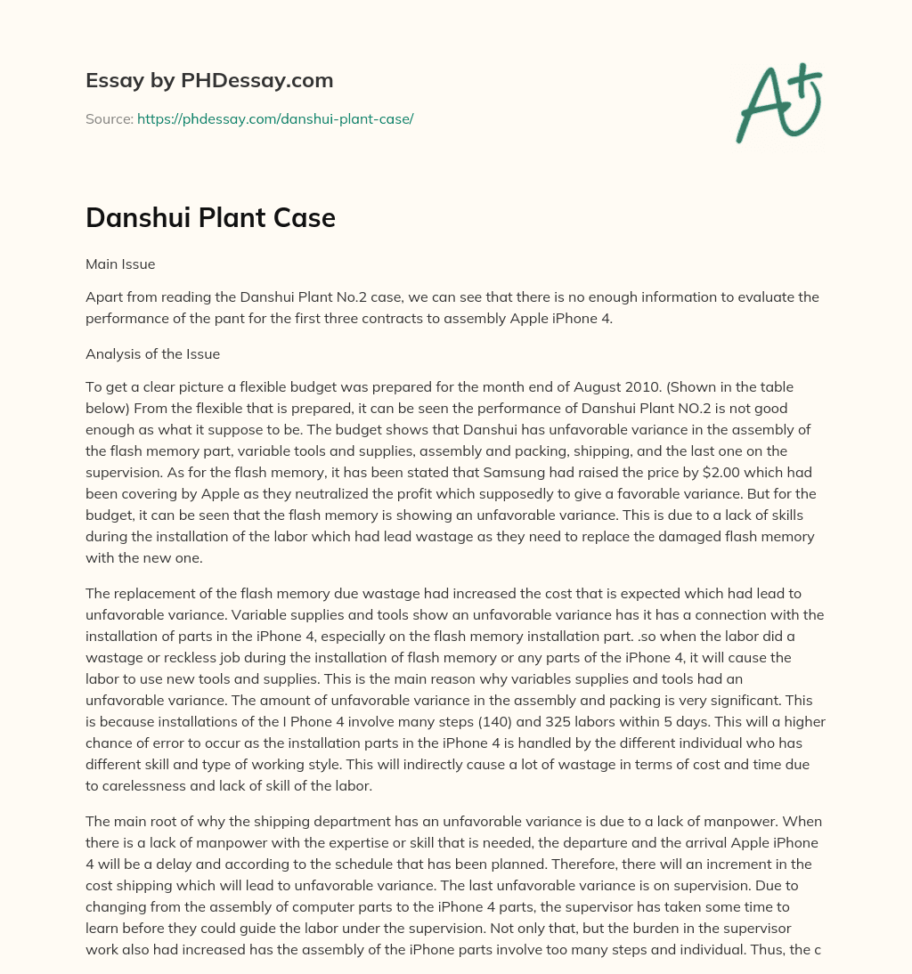 Danshui Plant Case Case Study Example - PHDessay.com