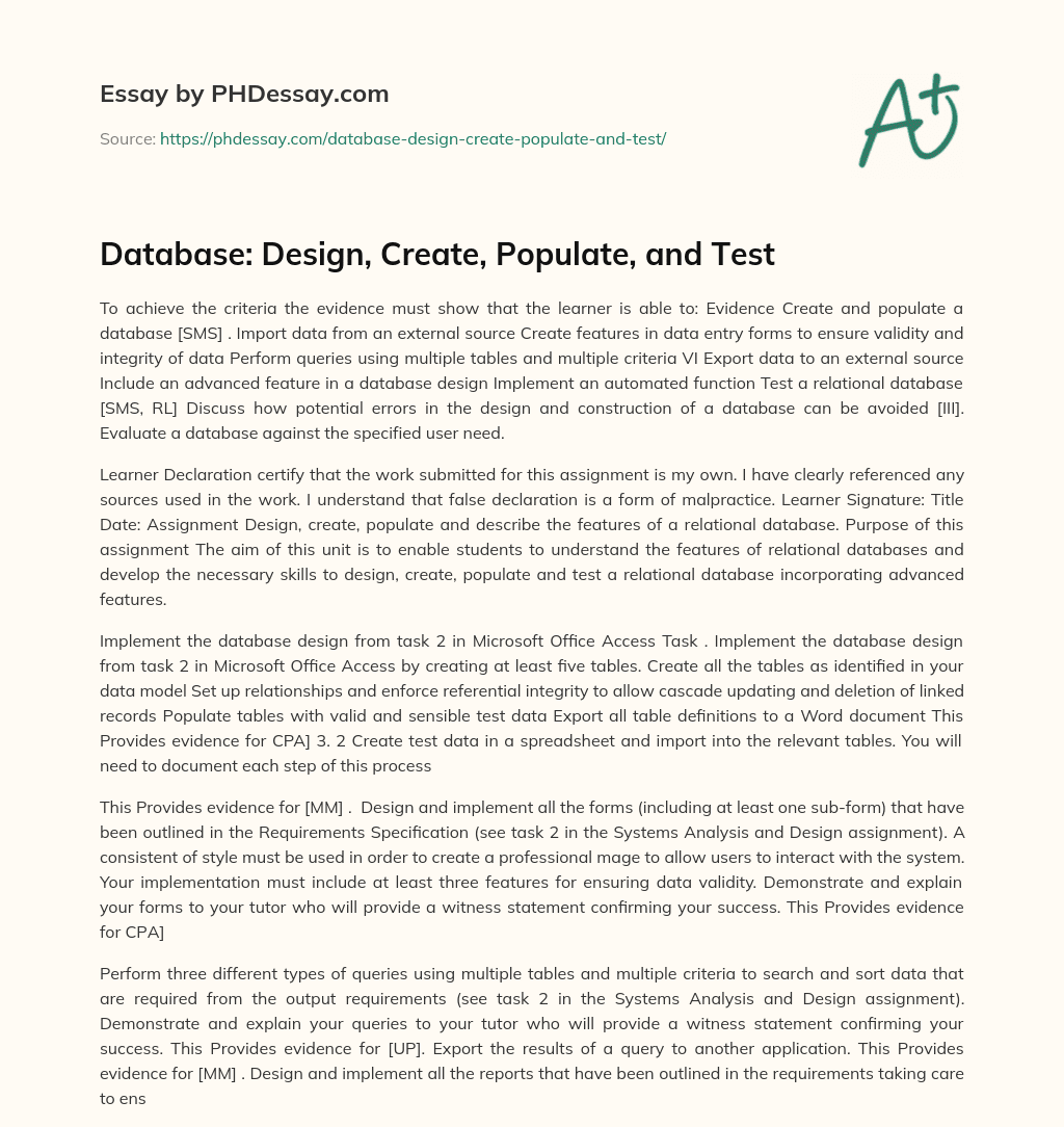 Database Design Create Populate And Test 600 Words