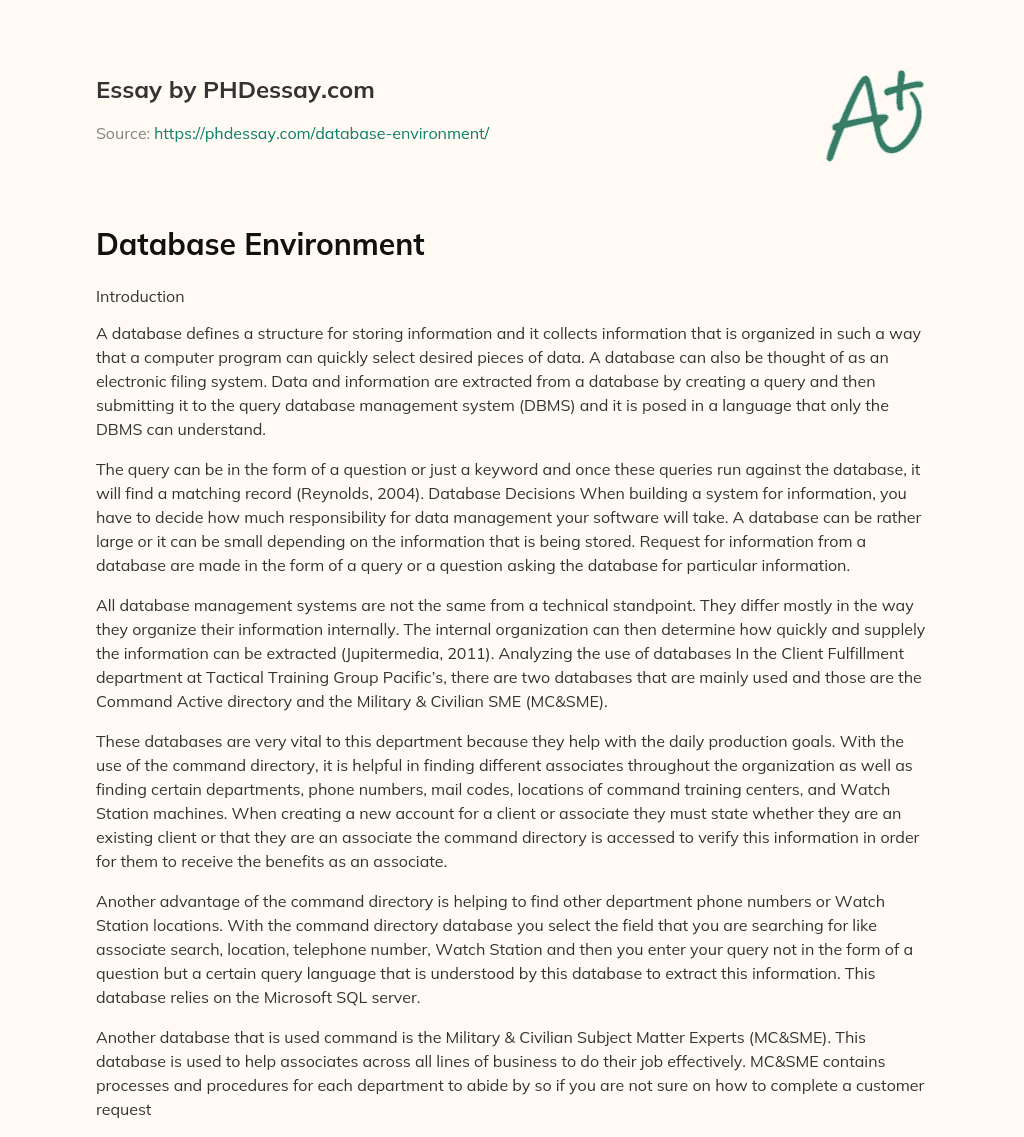 Database Environment - PHDessay.com