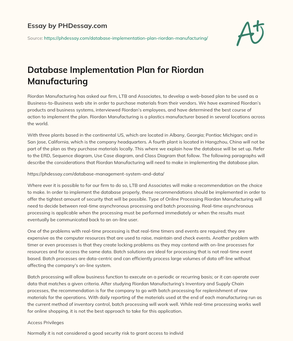 Database Implementation Plan for Riordan Manufacturing - PHDessay.com