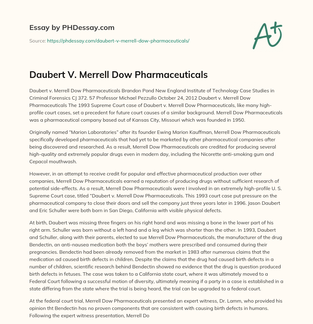Daubert V. Merrell Dow Pharmaceuticals - PHDessay.com