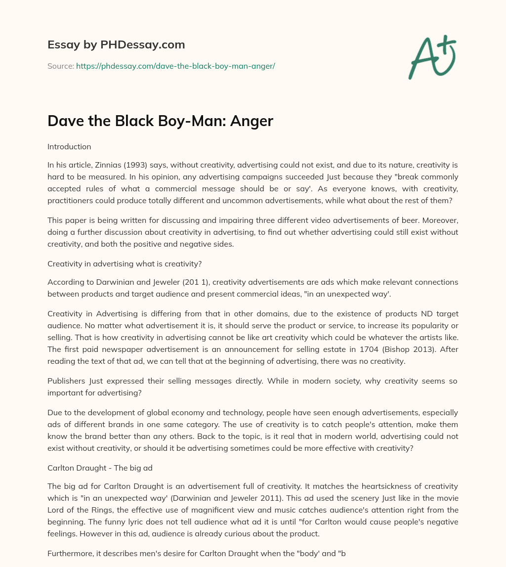 Dave the Black Boy-Man: Anger - PHDessay.com