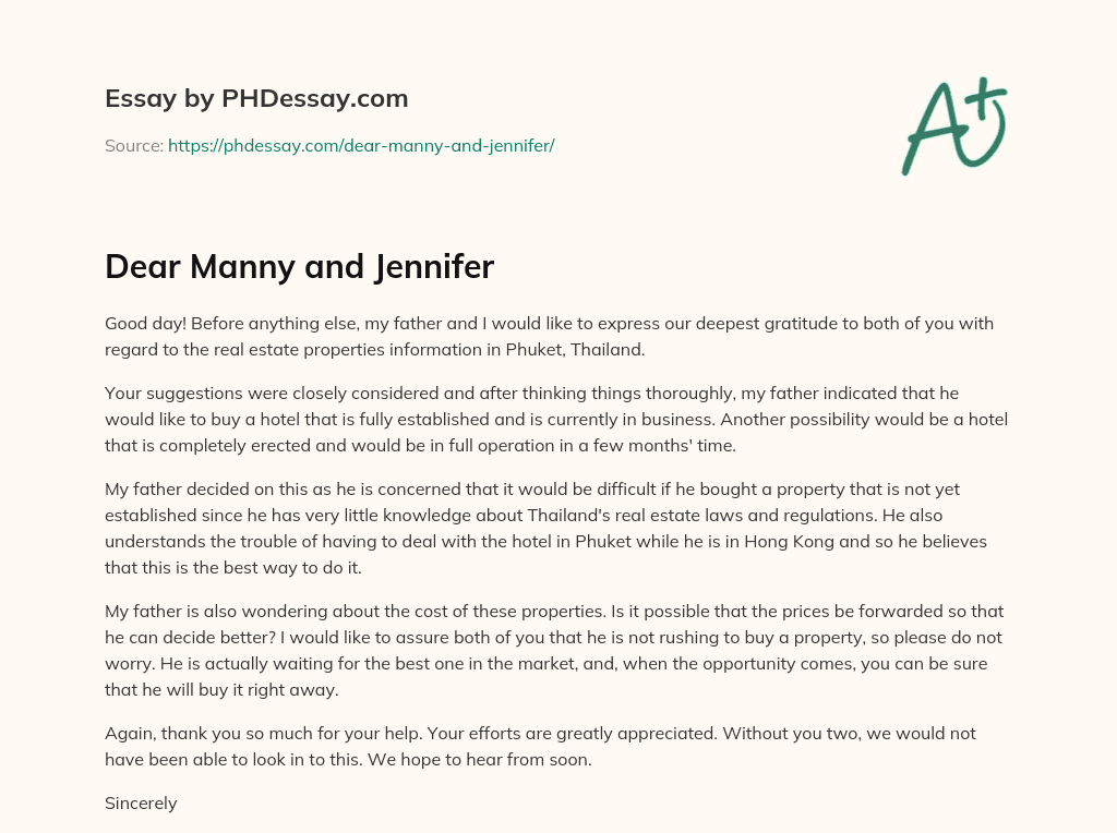 Dear Manny and Jennifer (300 Words) - PHDessay.com