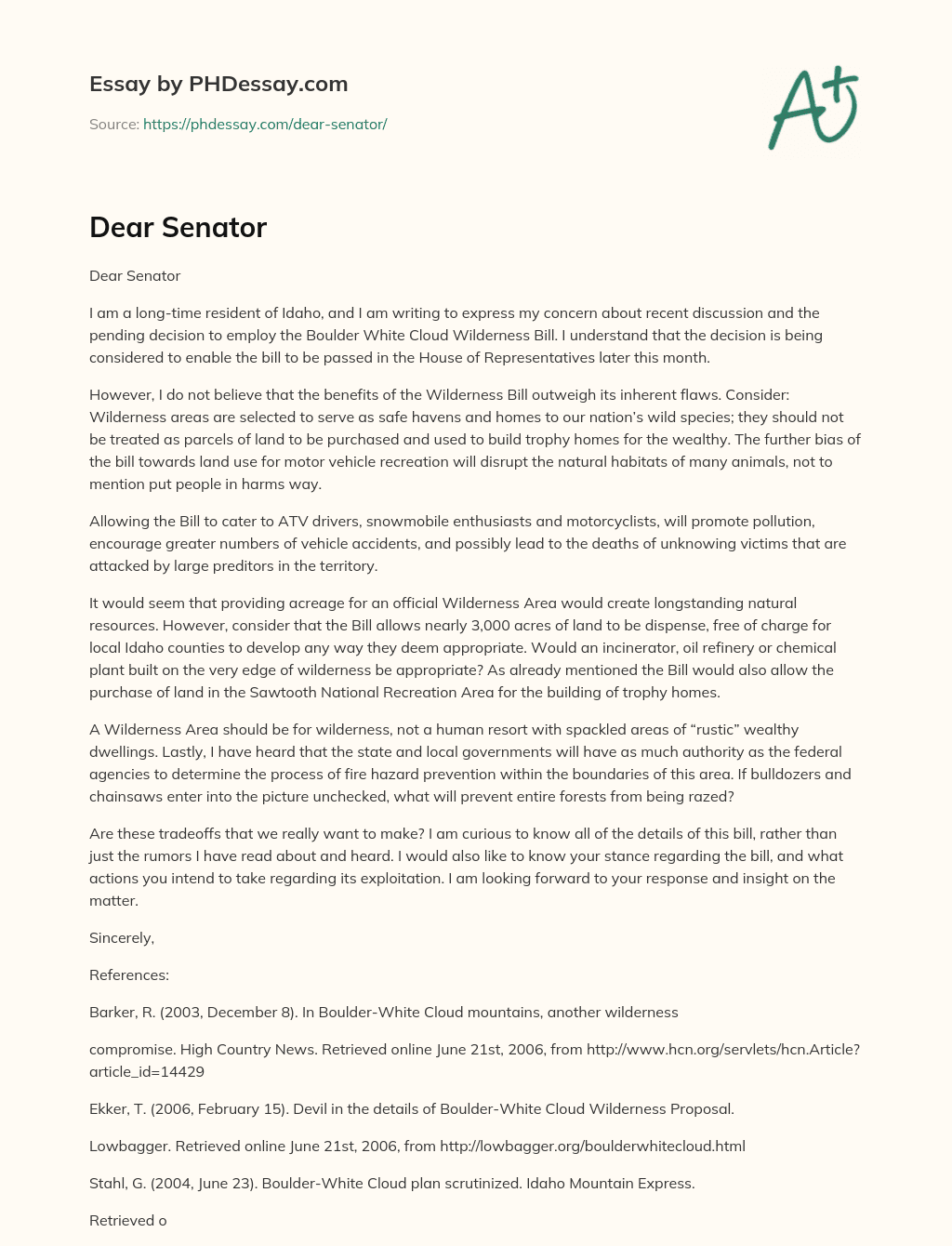 Dear Senator (400 Words) - PHDessay.com