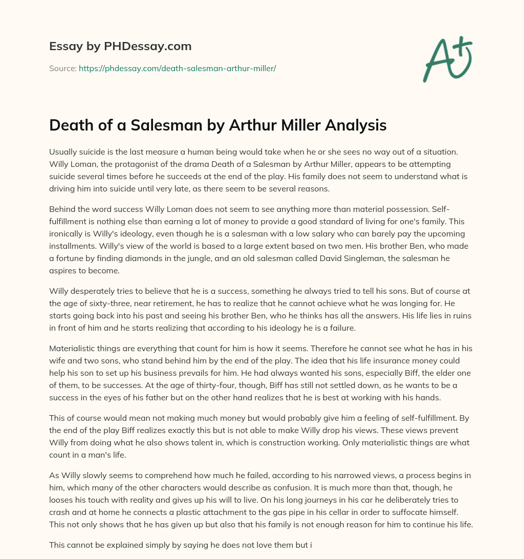 Death of a Salesman by Arthur Miller Analysis - PHDessay.com