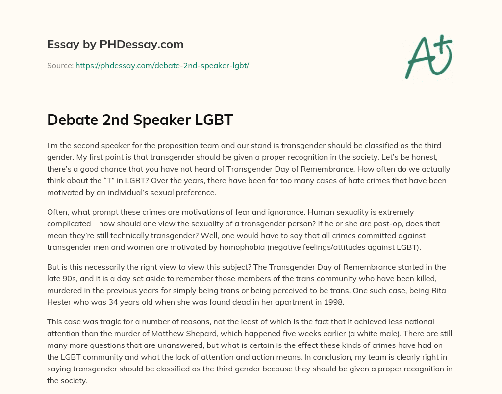 Debate 2nd Speaker LGBT (300 Words) - PHDessay.com