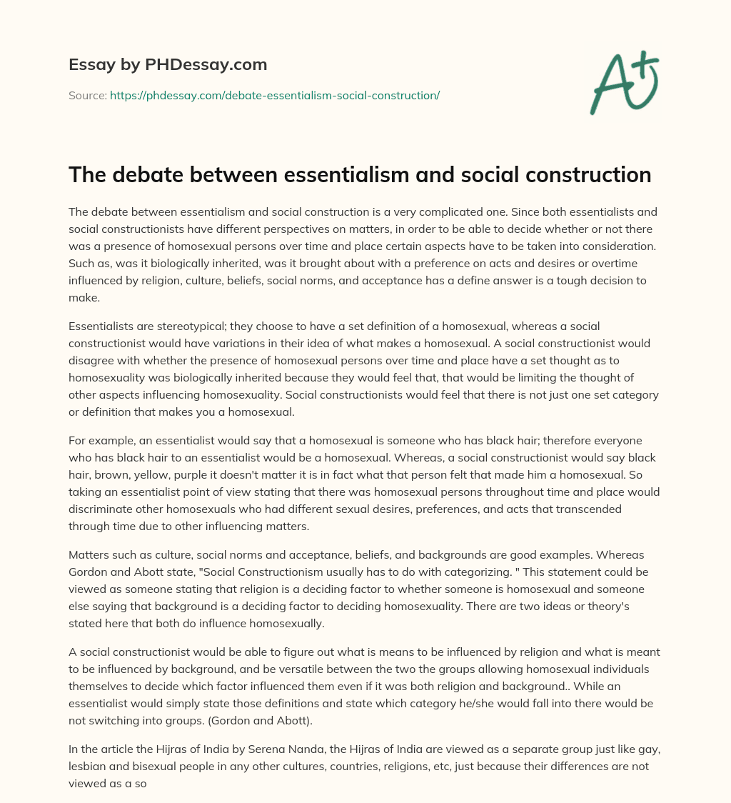 The debate between essentialism and social construction - PHDessay.com