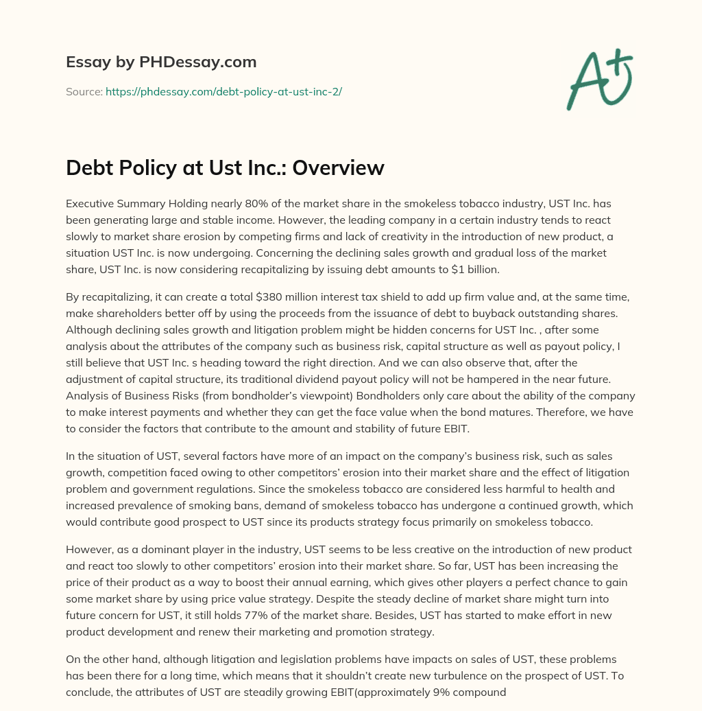Debt Policy at Ust Inc.: Overview - PHDessay.com