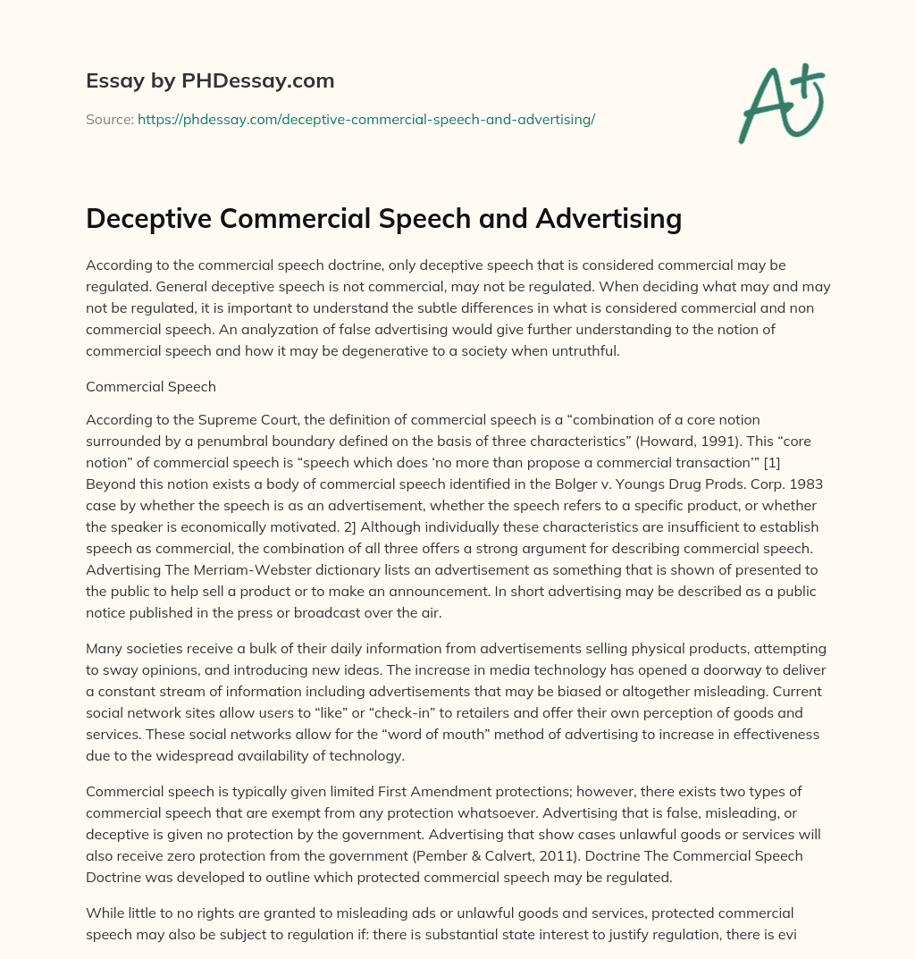Deceptive Commercial Speech and Advertising - PHDessay.com